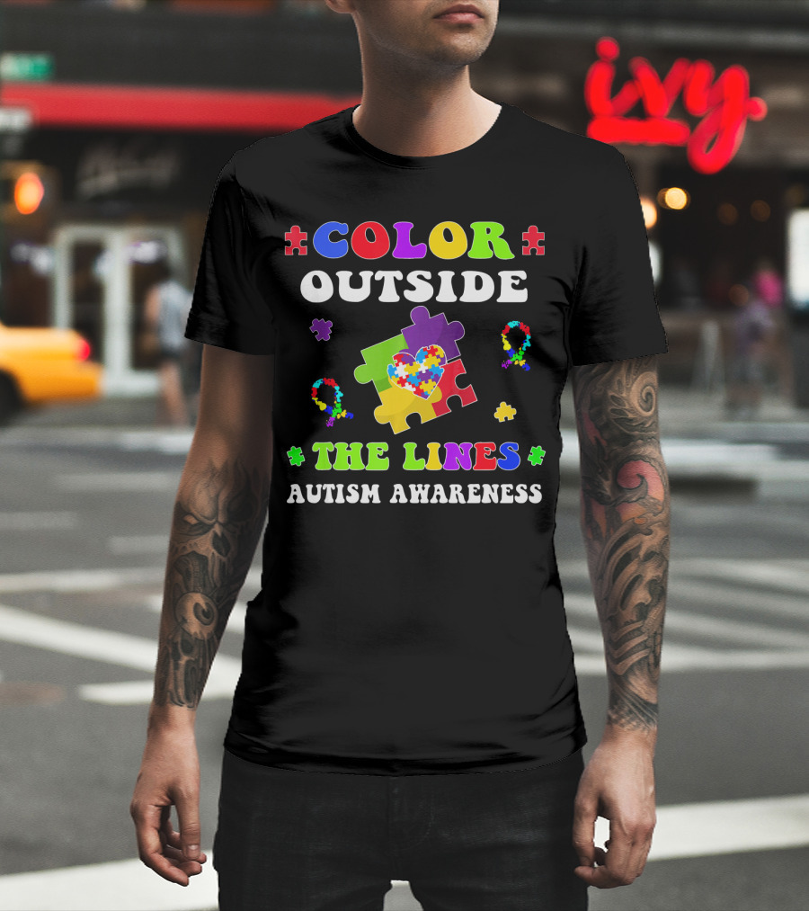 Color Outside The Lines Autism Awareness Puzzle Piece Heart T-Shirt