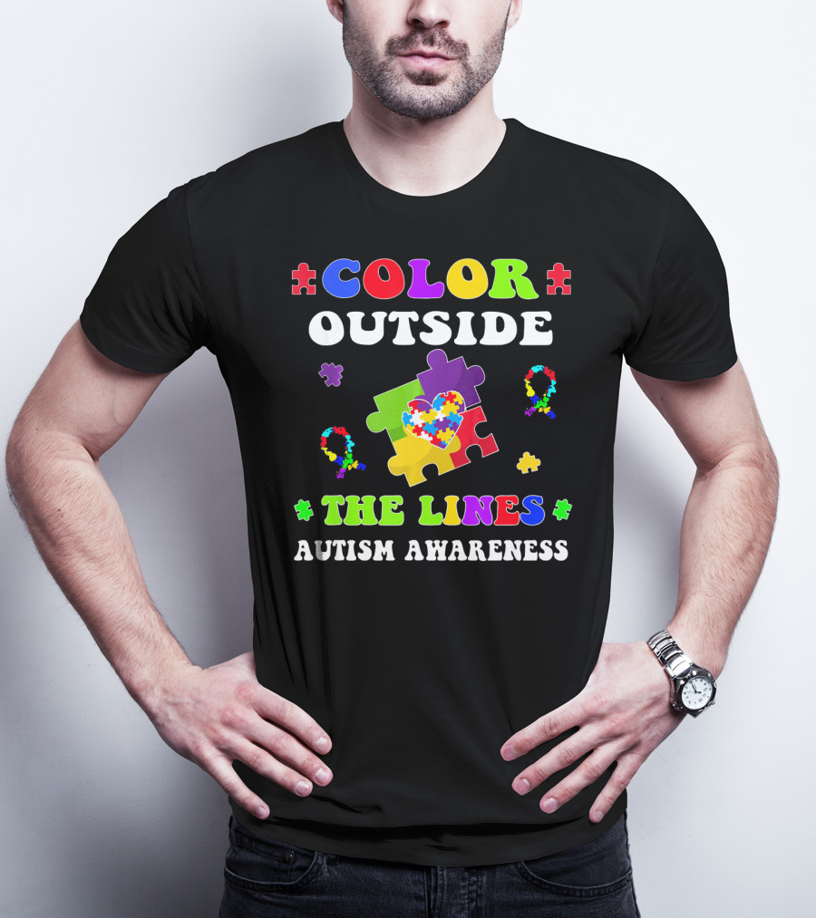 Color Outside The Lines Autism Awareness Puzzle Piece Heart T-Shirt