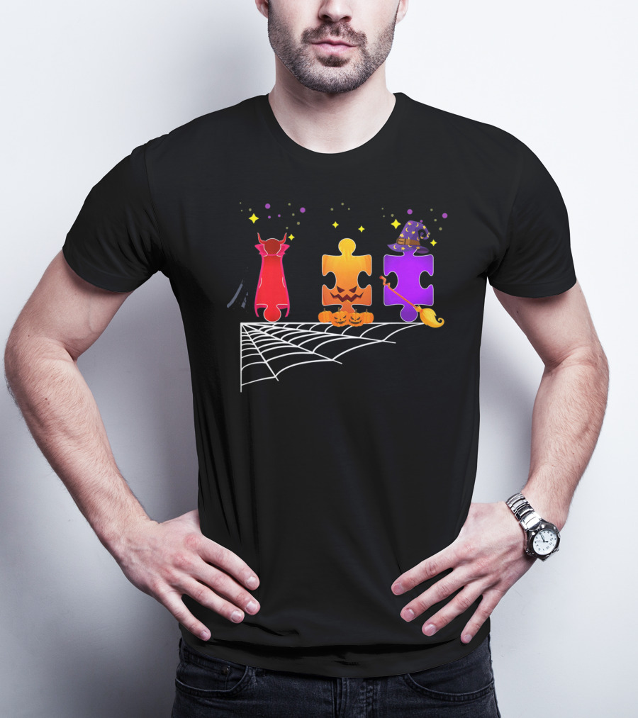 Autism Puzzle Pieces Halloween Witch And Vampire T-Shirt