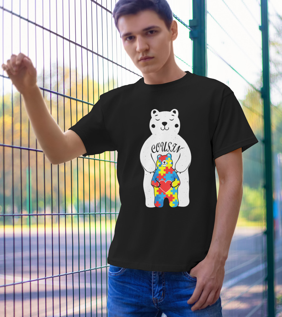 Cousin Bear Holding Autism Awareness Puzzle Heart ASD T-Shirt