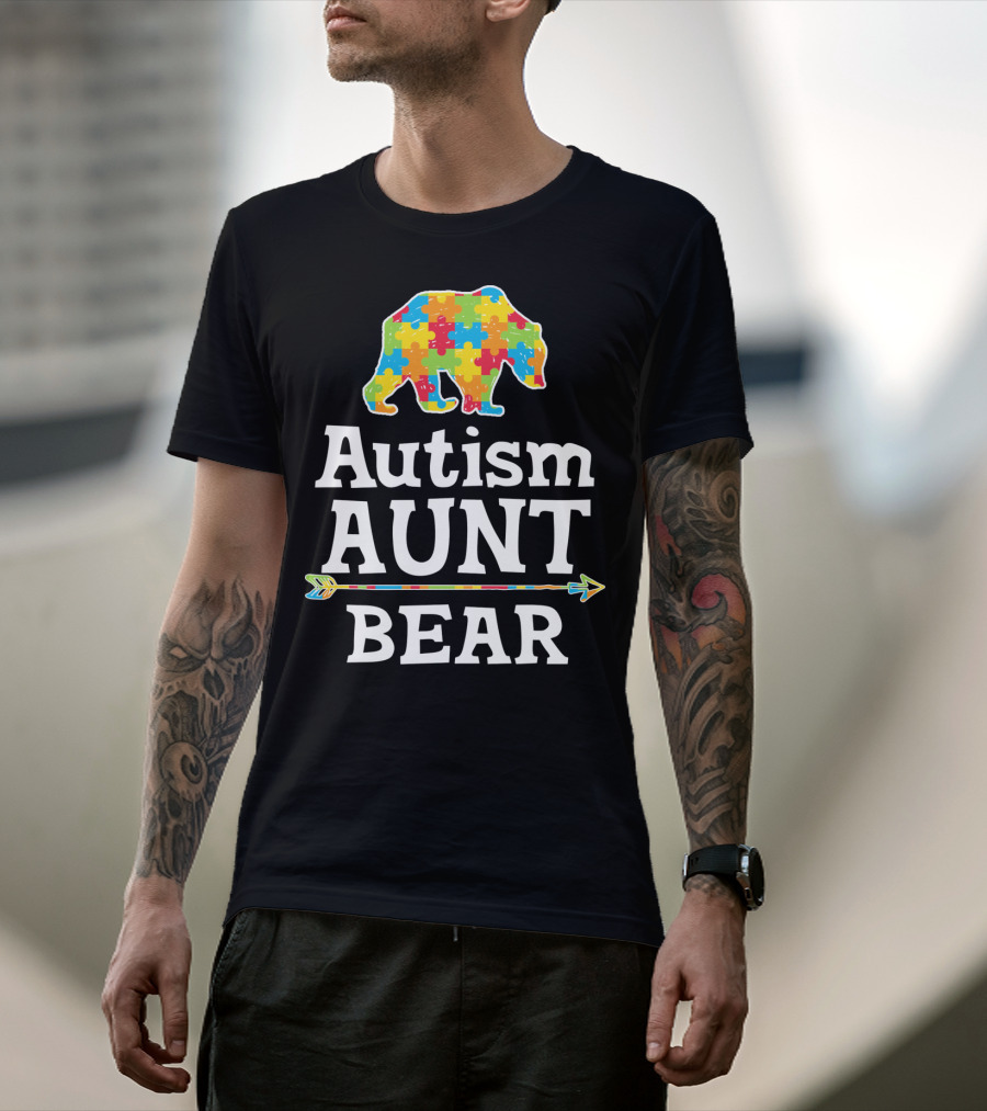 Autism Awareness Aunt Bear Puzzle Pattern Arrow T-Shirt