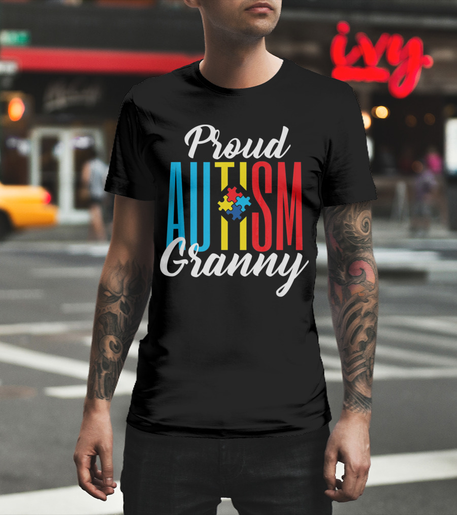 Proud Autism Granny With Colorful Puzzle Awareness T-Shirt
