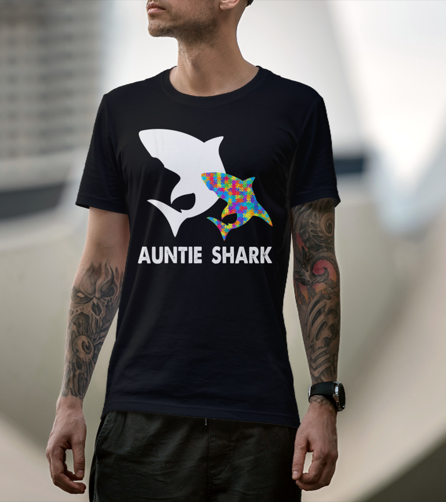 Auntie Shark Autism Puzzle Piece Warrior T-Shirt