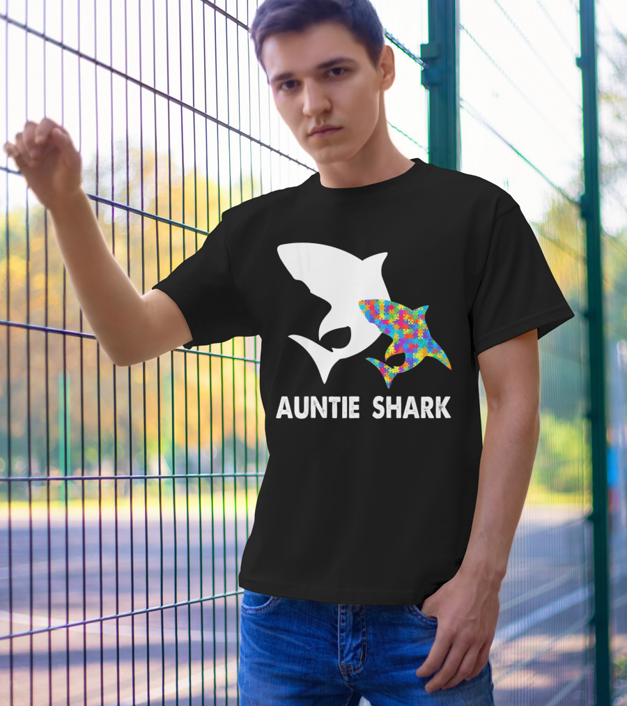 Auntie Shark Autism Puzzle Piece Warrior T-Shirt