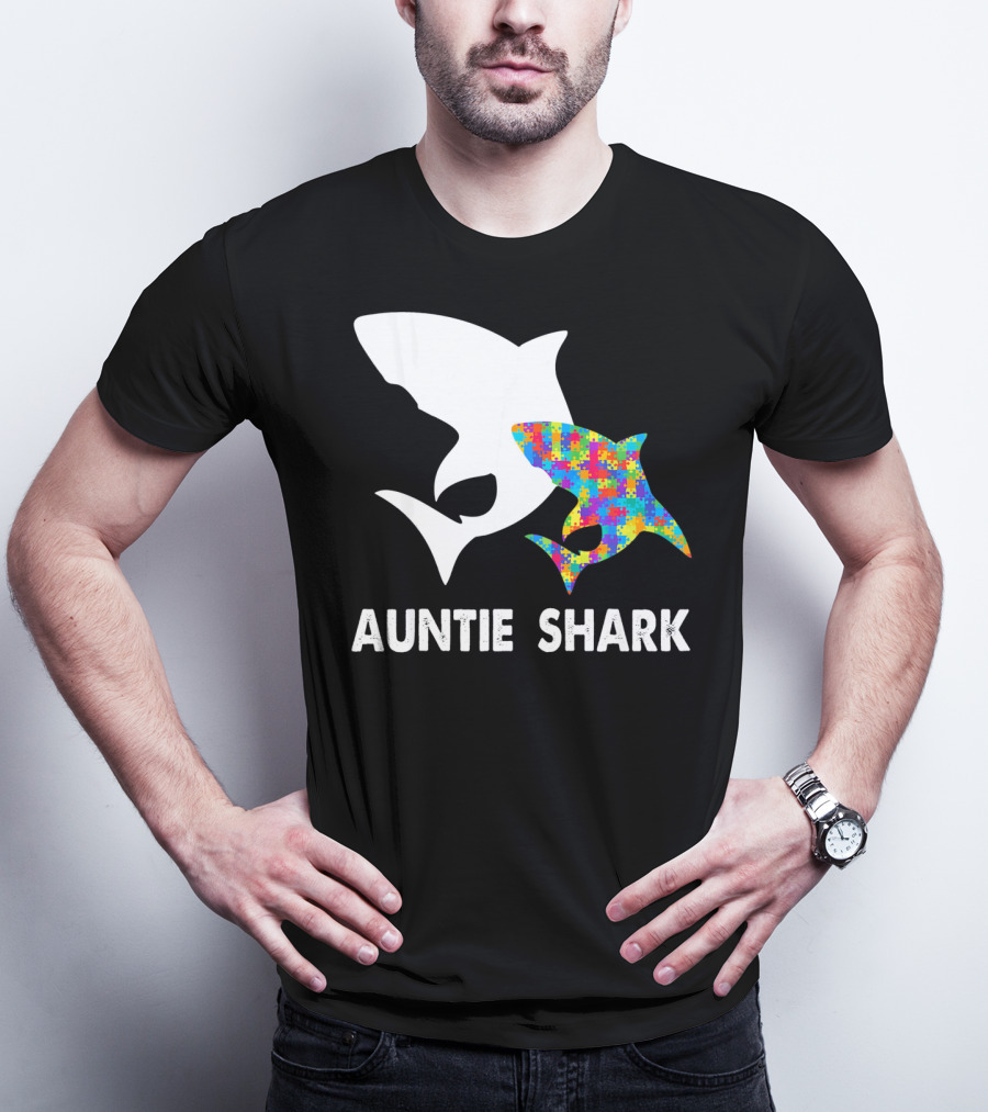 Auntie Shark Autism Puzzle Piece Warrior T-Shirt