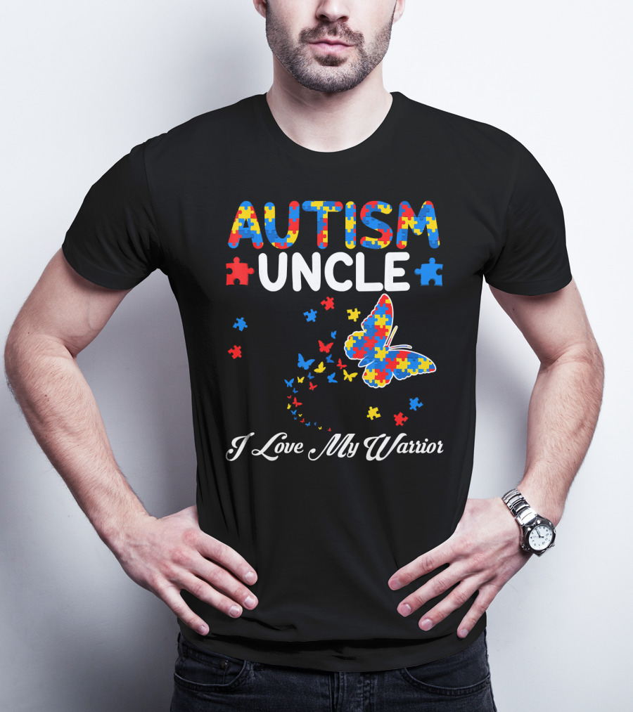 Autism Uncle I Love My Warrior Butterfly Puzzle Pieces T-Shirt