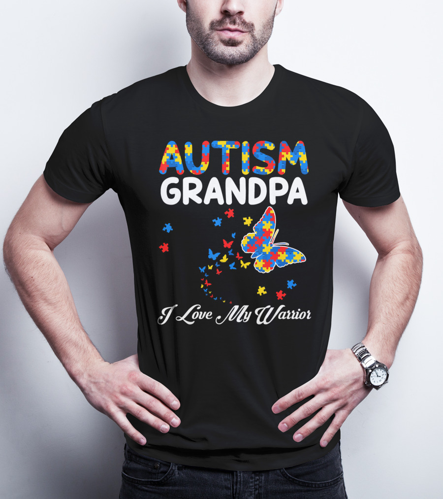 Autism Grandpa I Love My Warrior Butterfly Puzzle T-Shirt
