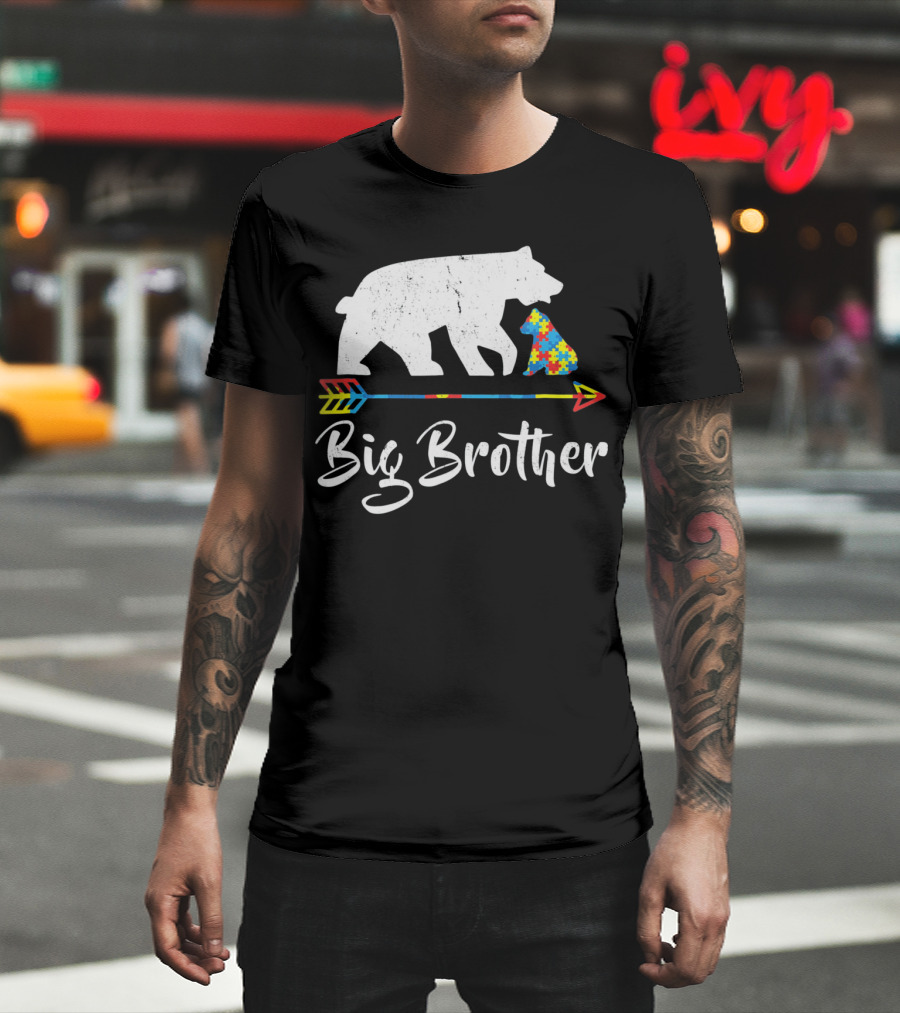 Big Brother Bear Autism Awareness Puzzle Pattern Arrow T-Shirt