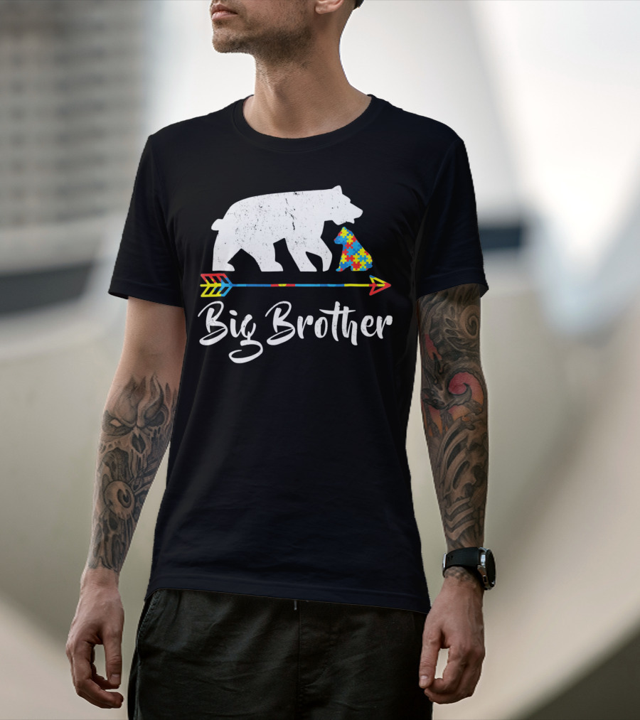 Big Brother Bear Autism Awareness Puzzle Pattern Arrow T-Shirt