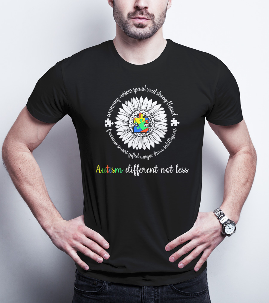 Autism Different Not Less Daisy Flower With Puzzle And Positive Words T-Shirt