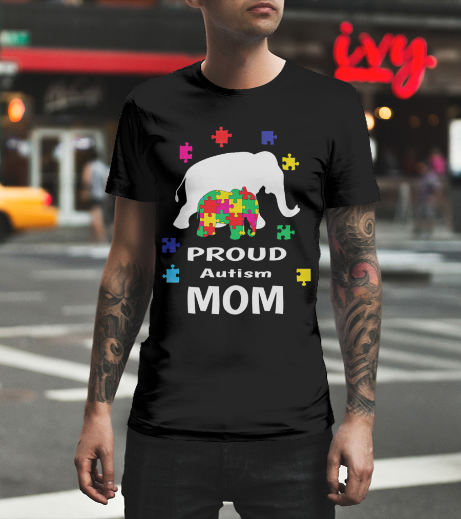 Proud Autism Mom Elephant Puzzle Piece Awareness T-Shirt