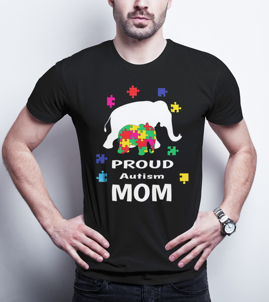 Proud Autism Mom Elephant Puzzle Piece Awareness T-Shirt