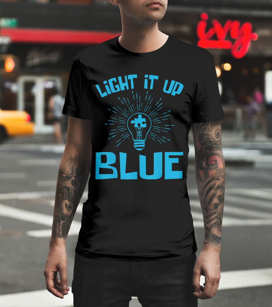 Light It Up Blue Autism Awareness Puzzle Bulb T-Shirt