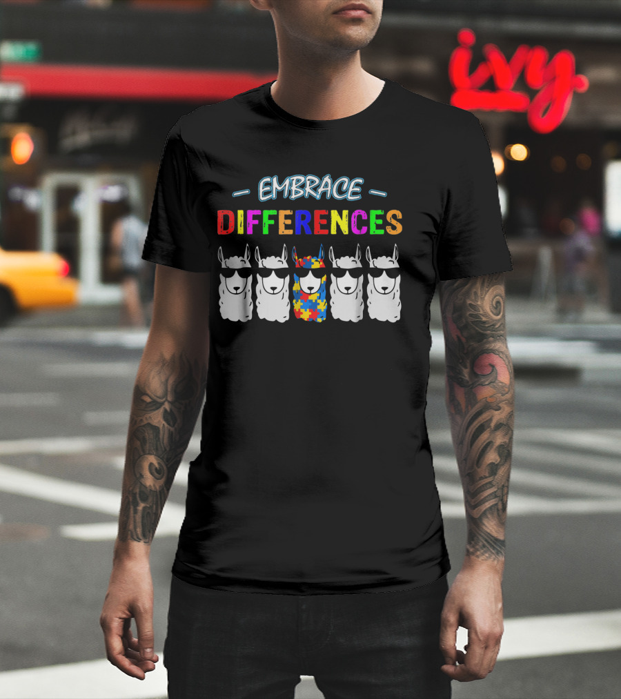Embrace Differences Llama Autism Awareness Puzzle T-Shirt