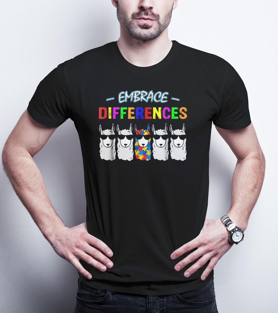 Embrace Differences Llama Autism Awareness Puzzle T-Shirt