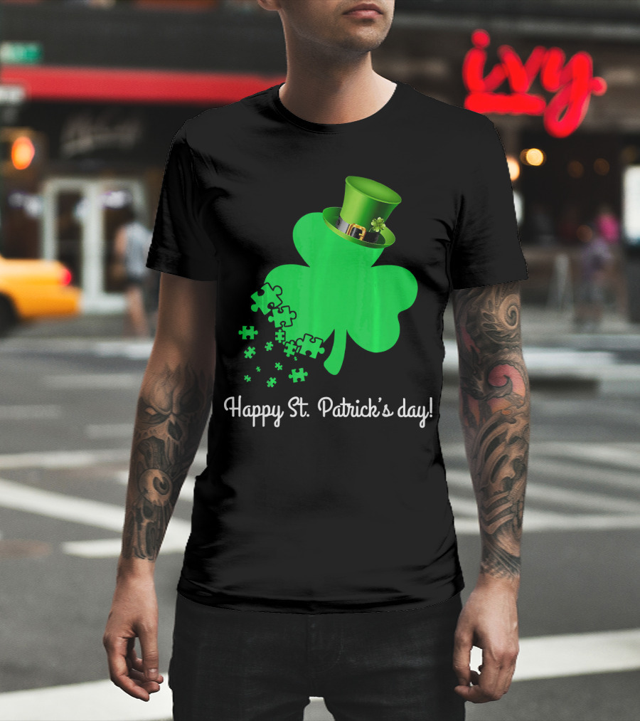 Happy St. Patrick's Day Shamrock With Puzzle Pieces Autism Awareness T-Shirt