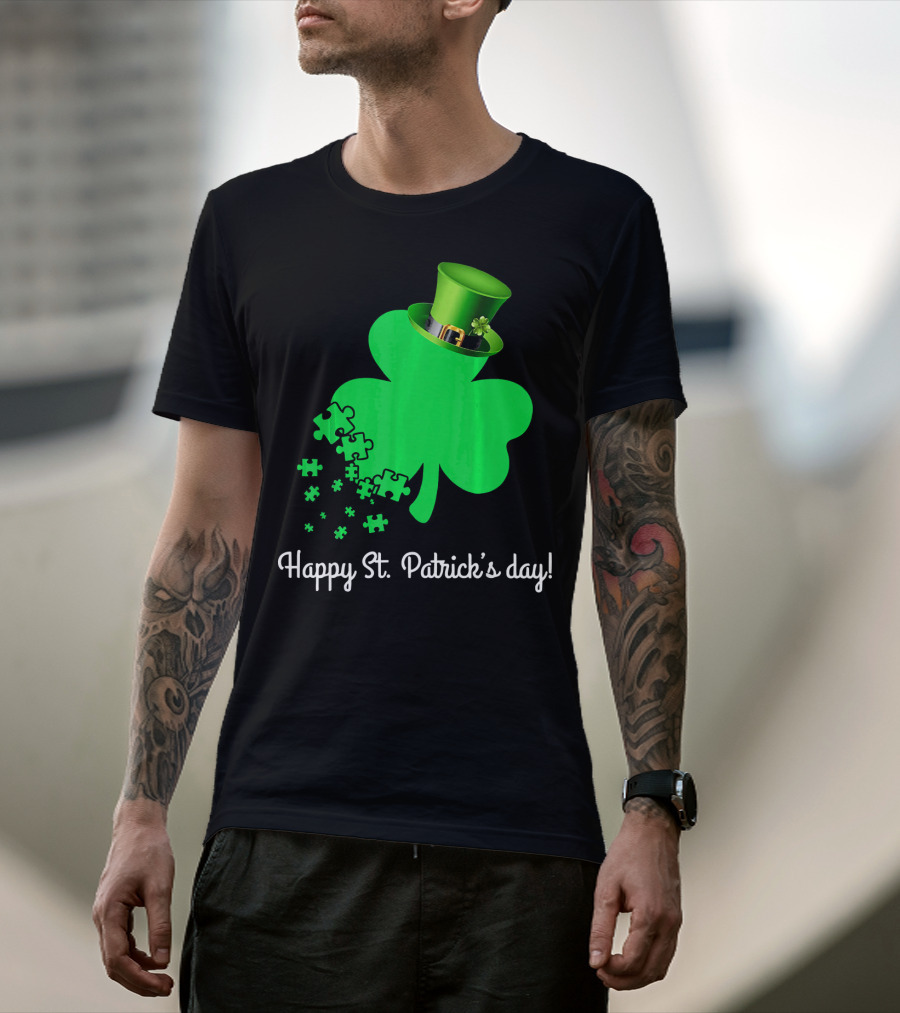 Happy St. Patrick's Day Shamrock With Puzzle Pieces Autism Awareness T-Shirt