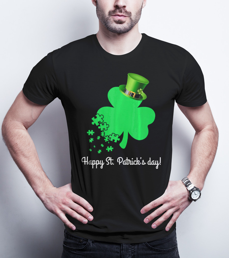 Happy St. Patrick's Day Shamrock With Puzzle Pieces Autism Awareness T-Shirt