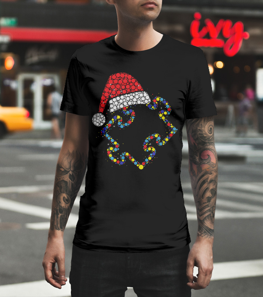 Santa Hat With Colorful Puzzle Pieces Autism Awareness T-Shirt