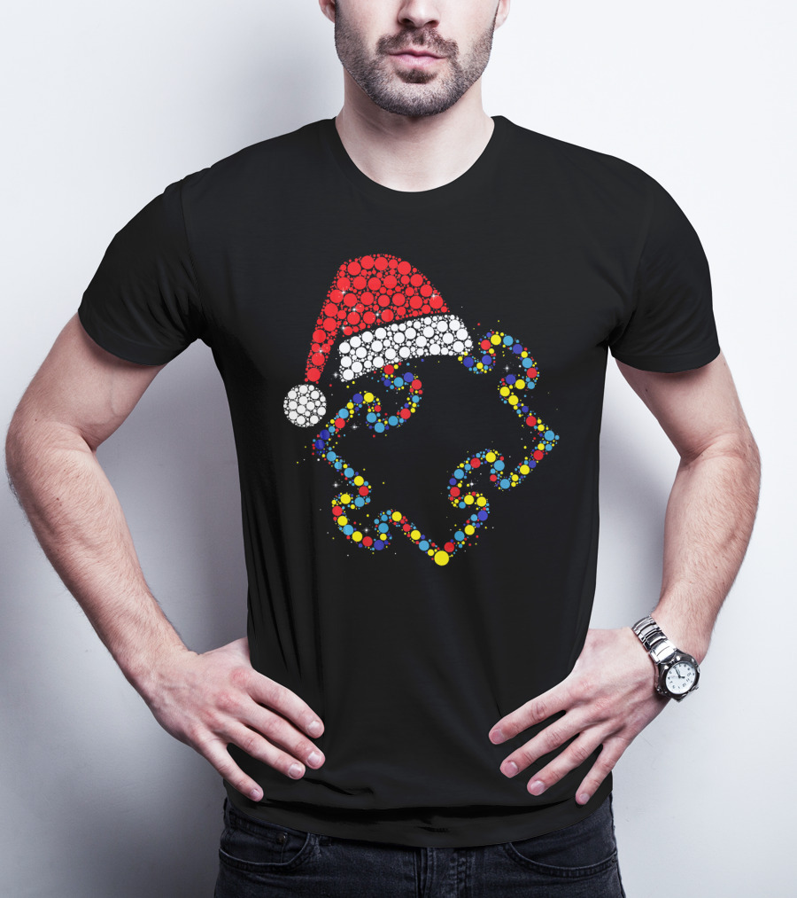Santa Hat With Colorful Puzzle Pieces Autism Awareness T-Shirt