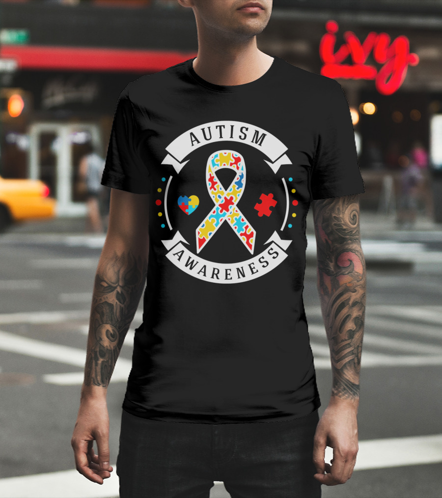 Autism Awareness White Puzzle Piece Ribbon Heart T-Shirt