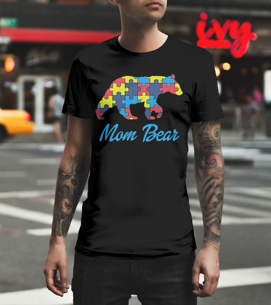 Mom Bear Autism Awareness Puzzle T-Shirt