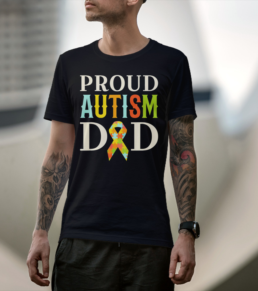 Proud Autism Dad Multicolor Puzzle Ribbon Awareness T-Shirt