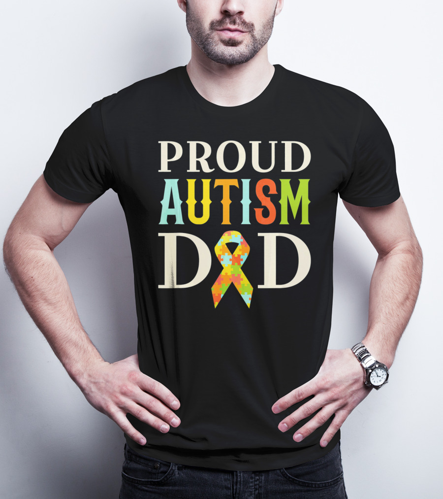 Proud Autism Dad Multicolor Puzzle Ribbon Awareness T-Shirt