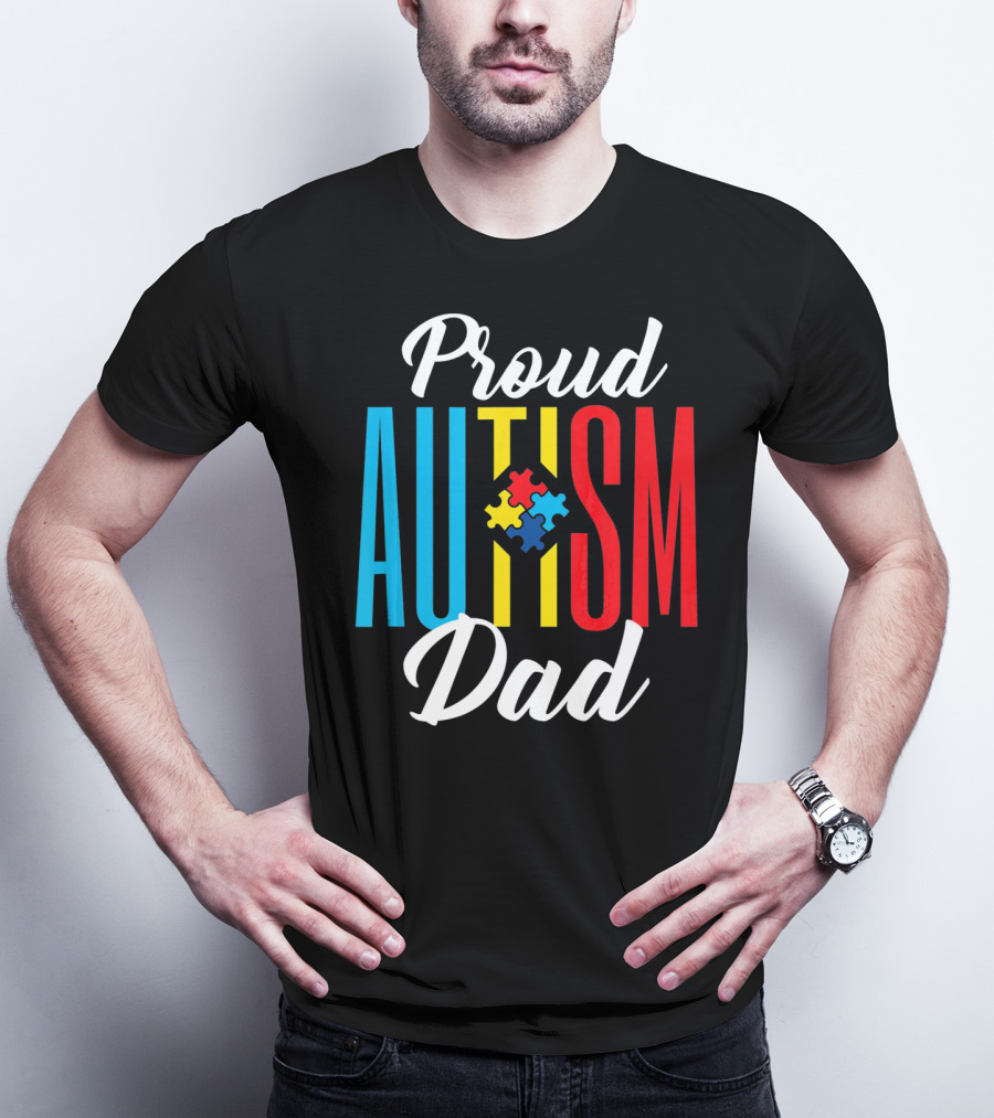 Proud Autism Dad Puzzle Piece Awareness Support T-Shirt