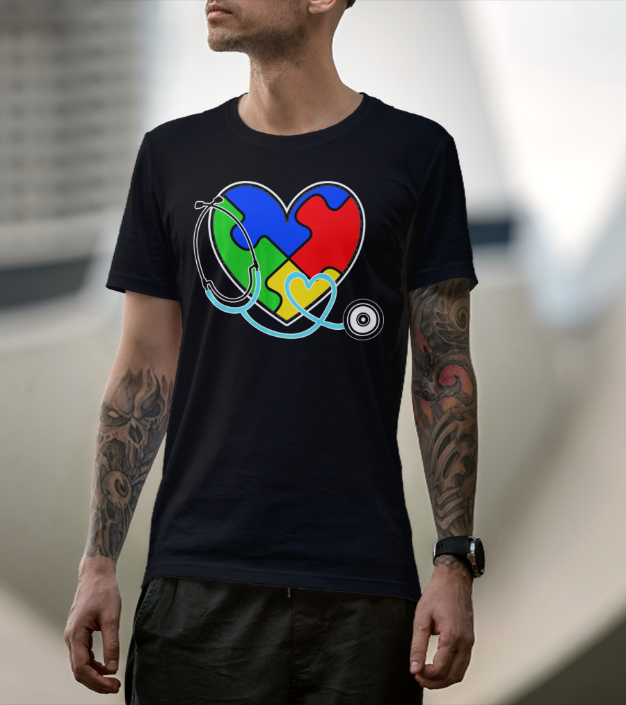 Nurses Autism Awareness Heart With Puzzle Pieces And Stethoscope T-Shirt