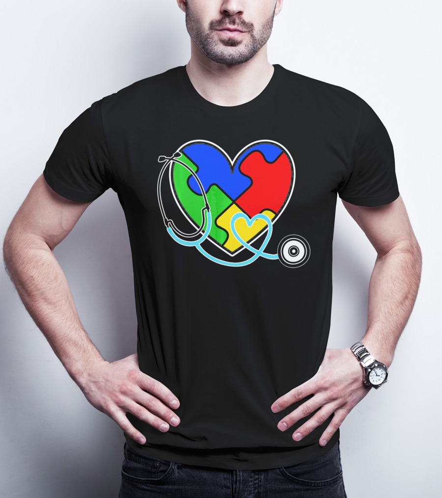 Nurses Autism Awareness Heart With Puzzle Pieces And Stethoscope T-Shirt