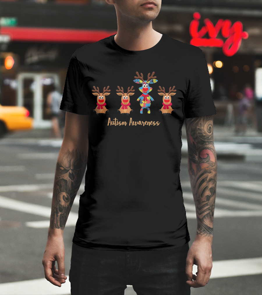 Autism Awareness Reindeer With Puzzle Pattern Symbols T-Shirt