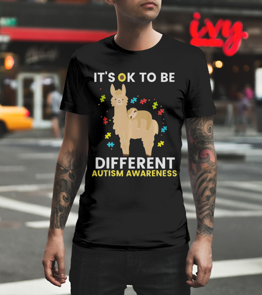 It's OK To Be Different Llama Sloth Autism Awareness T-Shirt