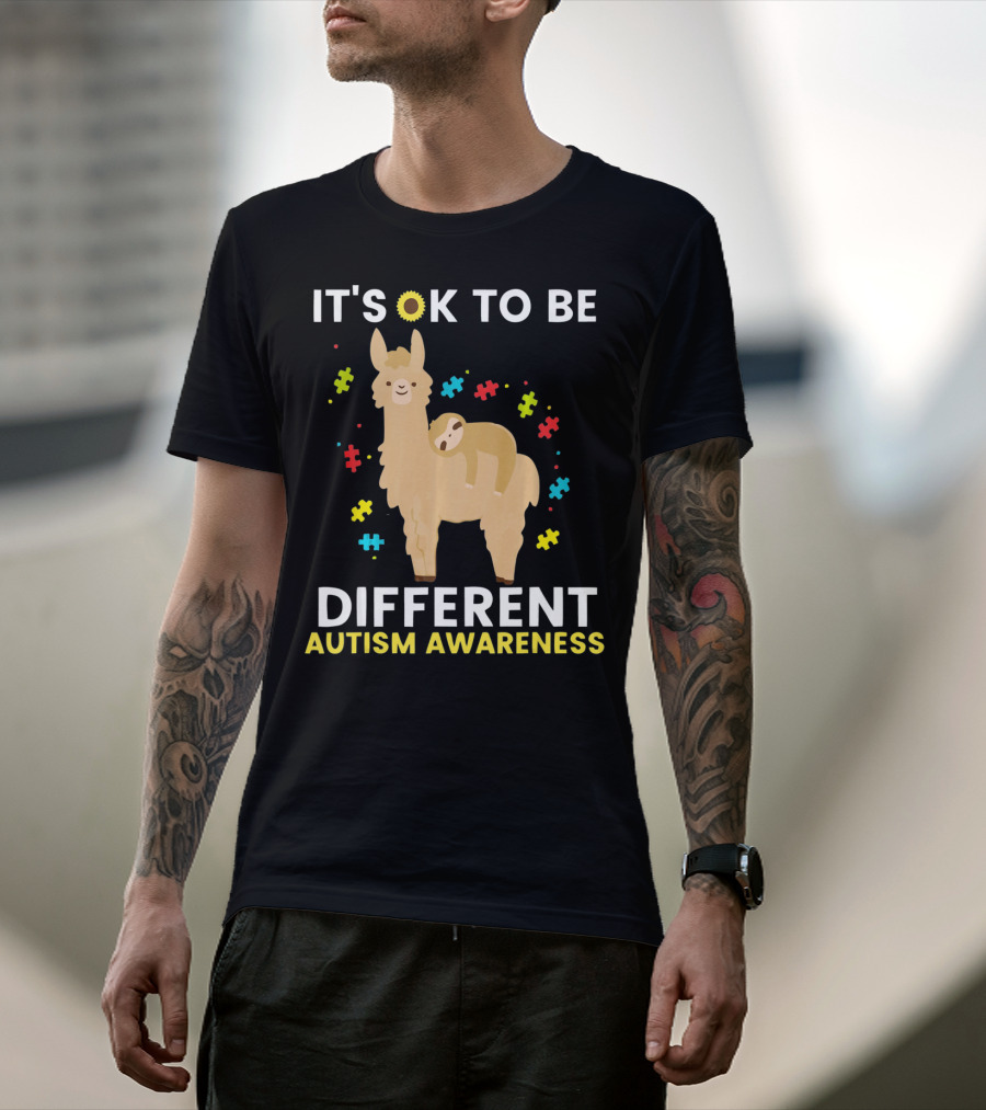 It's OK To Be Different Llama Sloth Autism Awareness T-Shirt