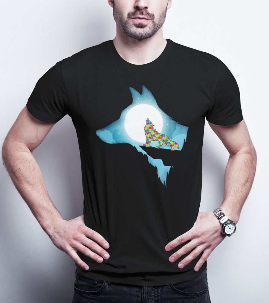 Wolf Wolf Autism Autism Awar Puzzle Wolf Moon T-Shirt