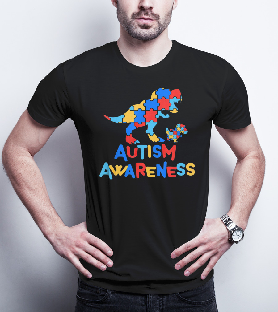 Dinosaur Puzzle Autism Awareness Colorful Piece T-Shirt