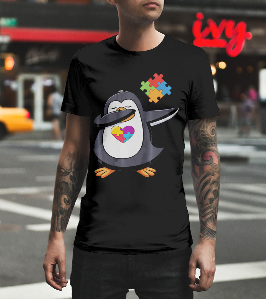Penguin Dab Puzzle Piece Heart Autism Awareness T-Shirt