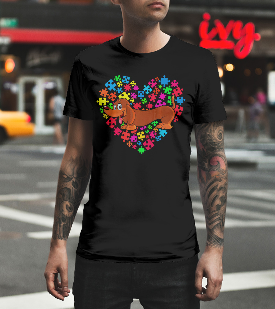 Autism Awareness Dachshund Dog Heart Puzzle Pieces T-Shirt