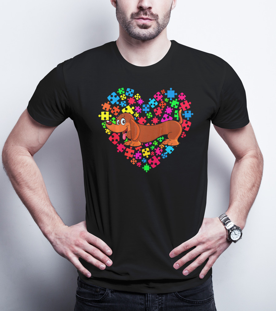 Autism Awareness Dachshund Dog Heart Puzzle Pieces T-Shirt