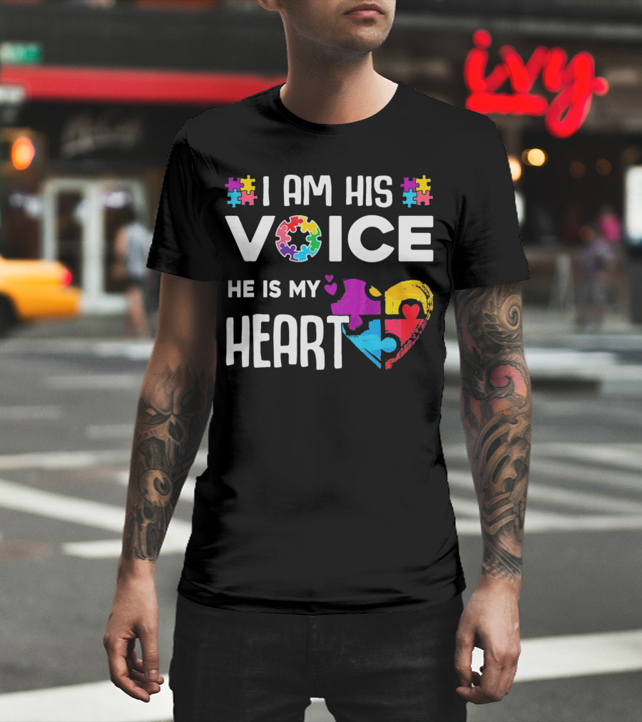Autism Awareness I Am His Voice He Is My Heart Puzzle Piece Heart T-Shirt