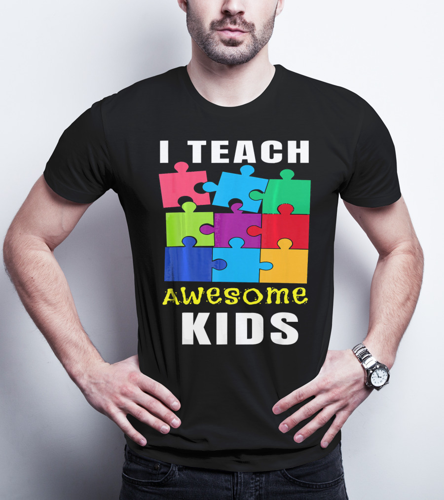 I Teach Awesome Kids Autism Awareness Puzzle Teacher T-Shirt