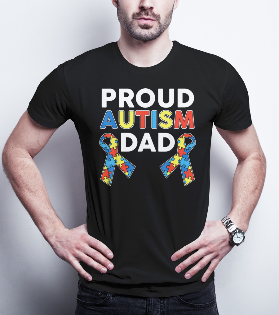 Proud Autism Dad Awareness Ribbon Puzzle T-Shirt