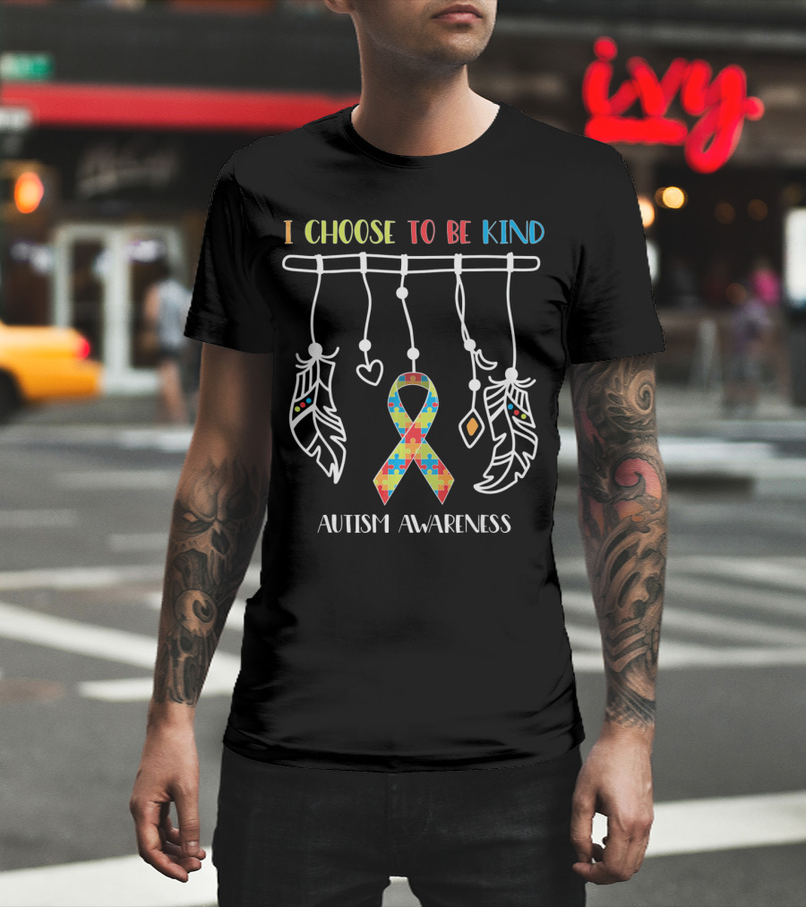 I Choose To Be Kind Autism Awareness Puzzle Ribbon With Dreamcatcher Feathers T-Shirt