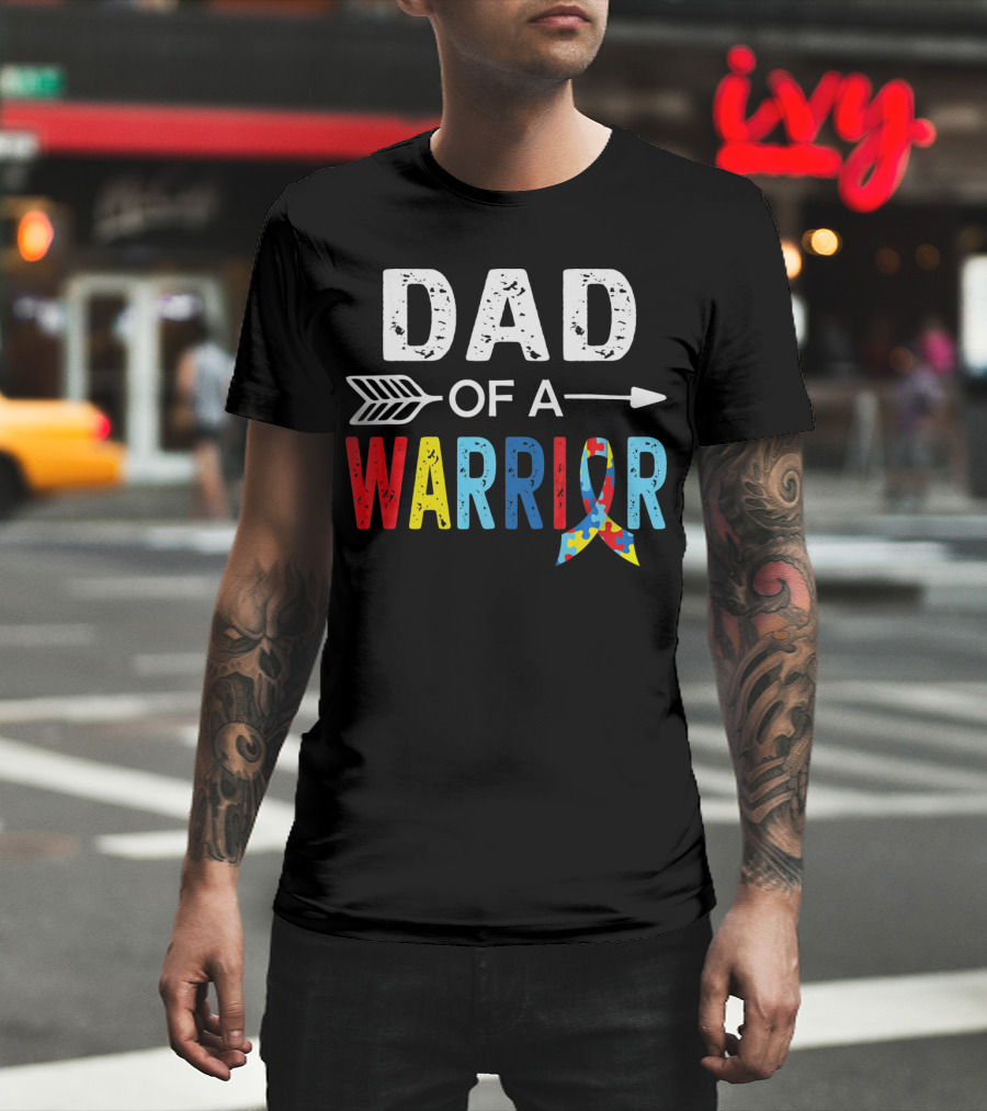 Dad Of A Warrior Autism Awareness Puzzle Ribbon Arrow T-Shirt