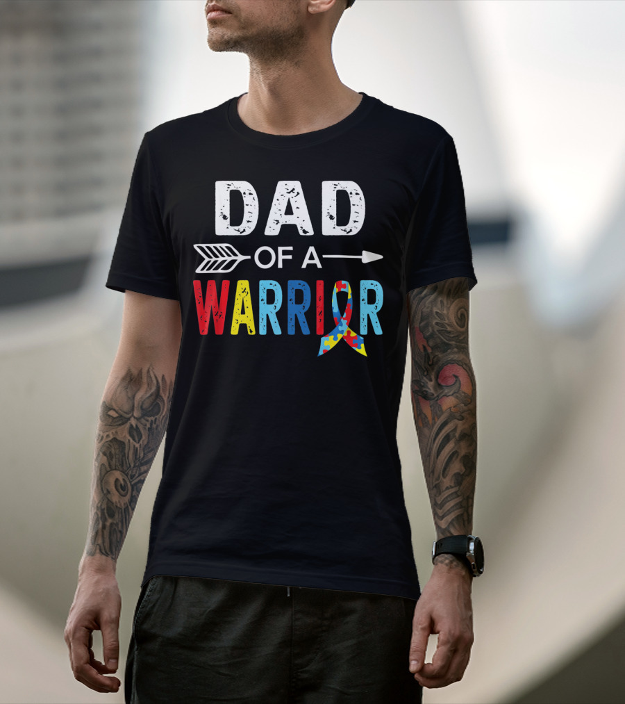 Dad Of A Warrior Autism Awareness Puzzle Ribbon Arrow T-Shirt