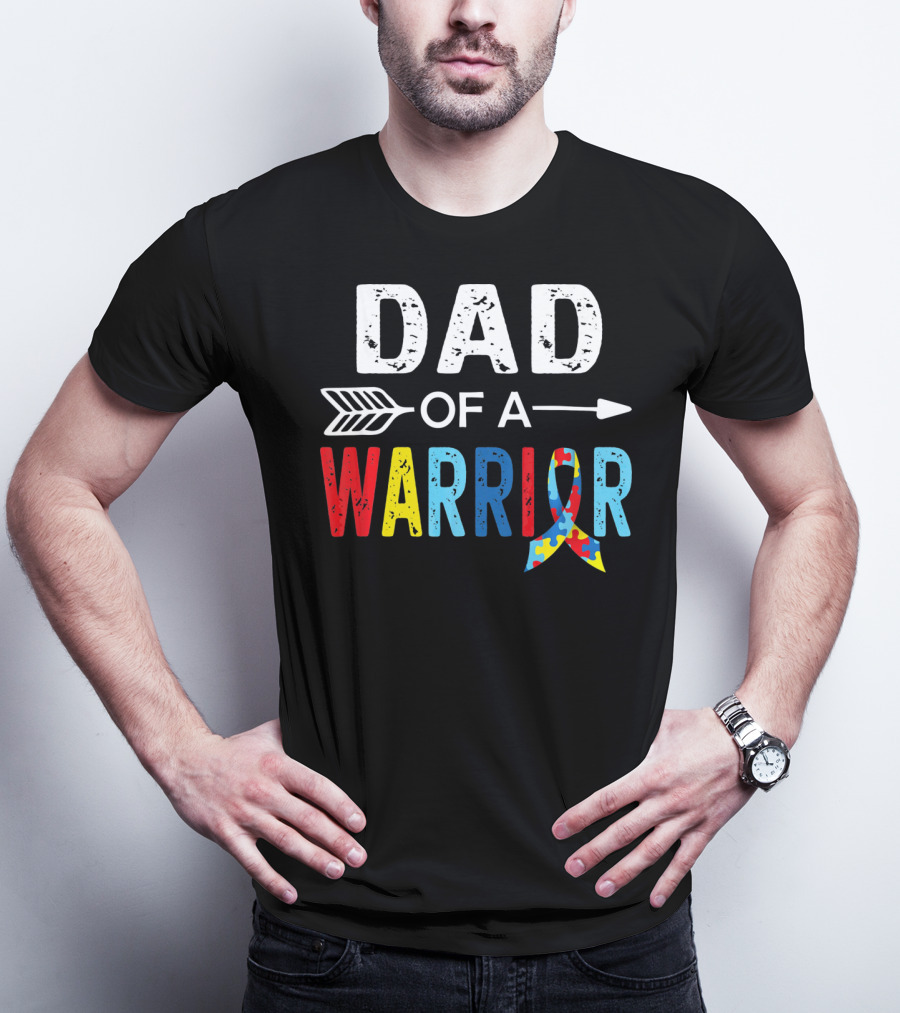 Dad Of A Warrior Autism Awareness Puzzle Ribbon Arrow T-Shirt