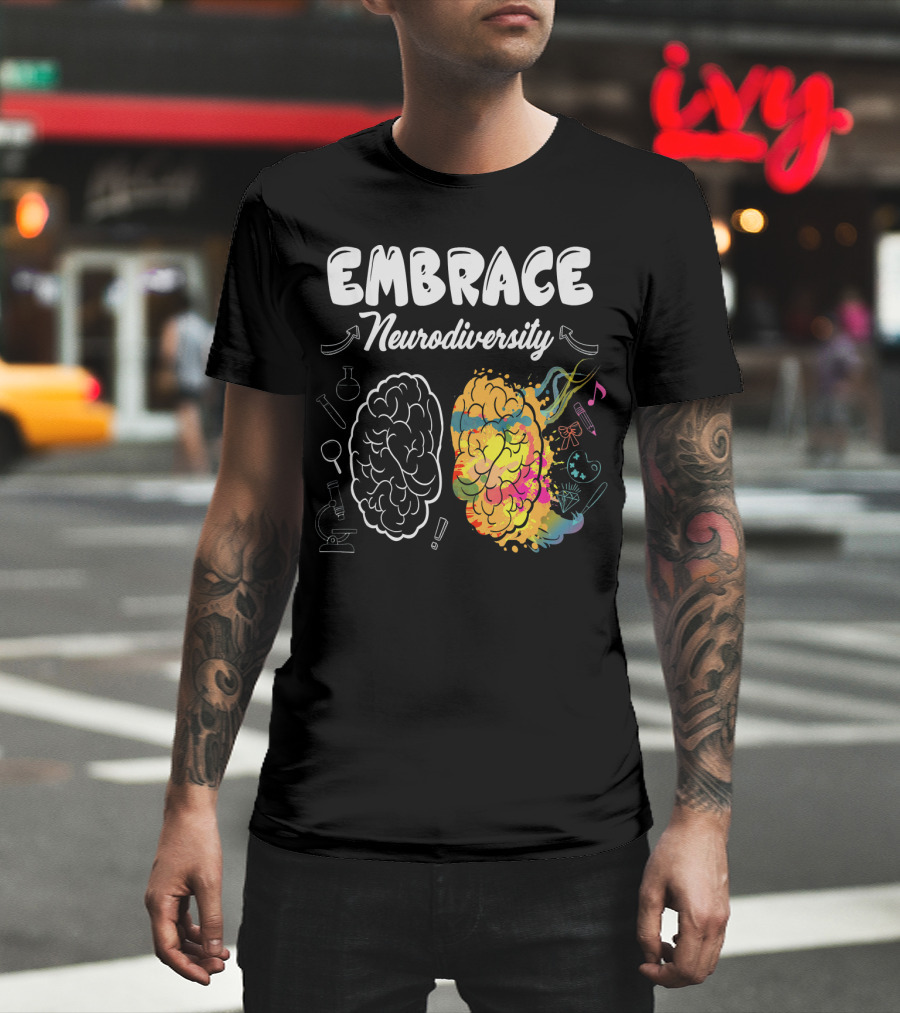 Embrace Neurodiversity Brain Autism Awareness Colorful Science Music Art Icons T-Shirt