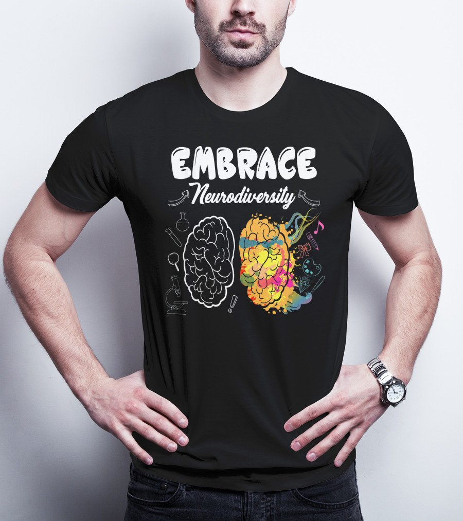 Embrace Neurodiversity Brain Autism Awareness Colorful Science Music Art Icons T-Shirt