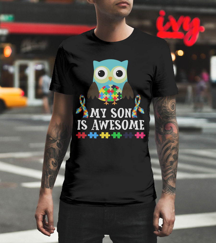 My Son Is Awesome Autism Awareness Puzzle Owl T-Shirt