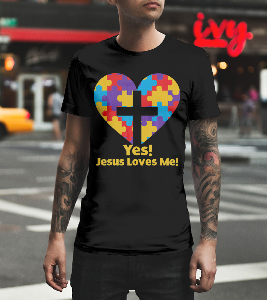 Yes Jesus Loves Me Autism Awareness Catholic Christian Cross Heart Puzzle T-Shirt